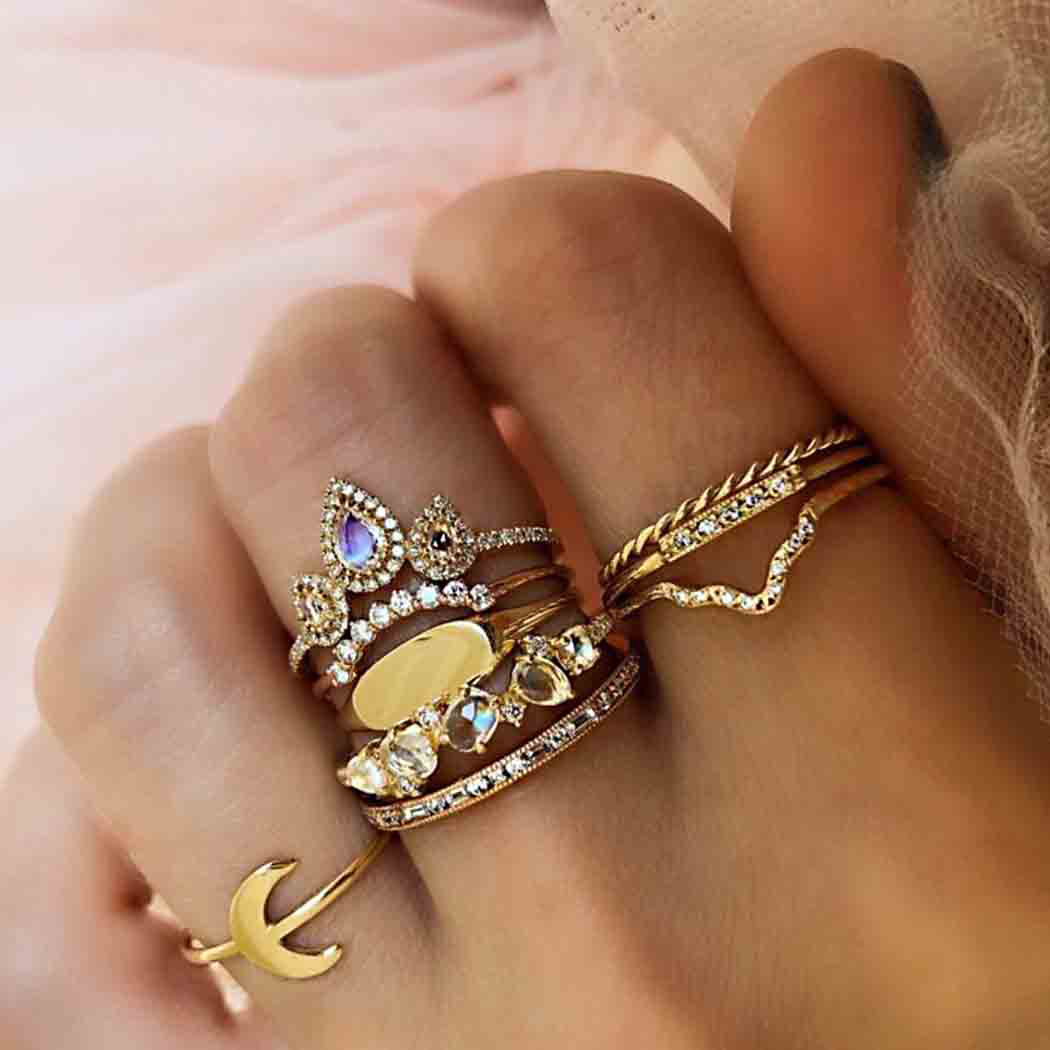 Boho Crystal Rings Gold Joint Knuckle Ring Set Rhinestone Hand Jewelry ...