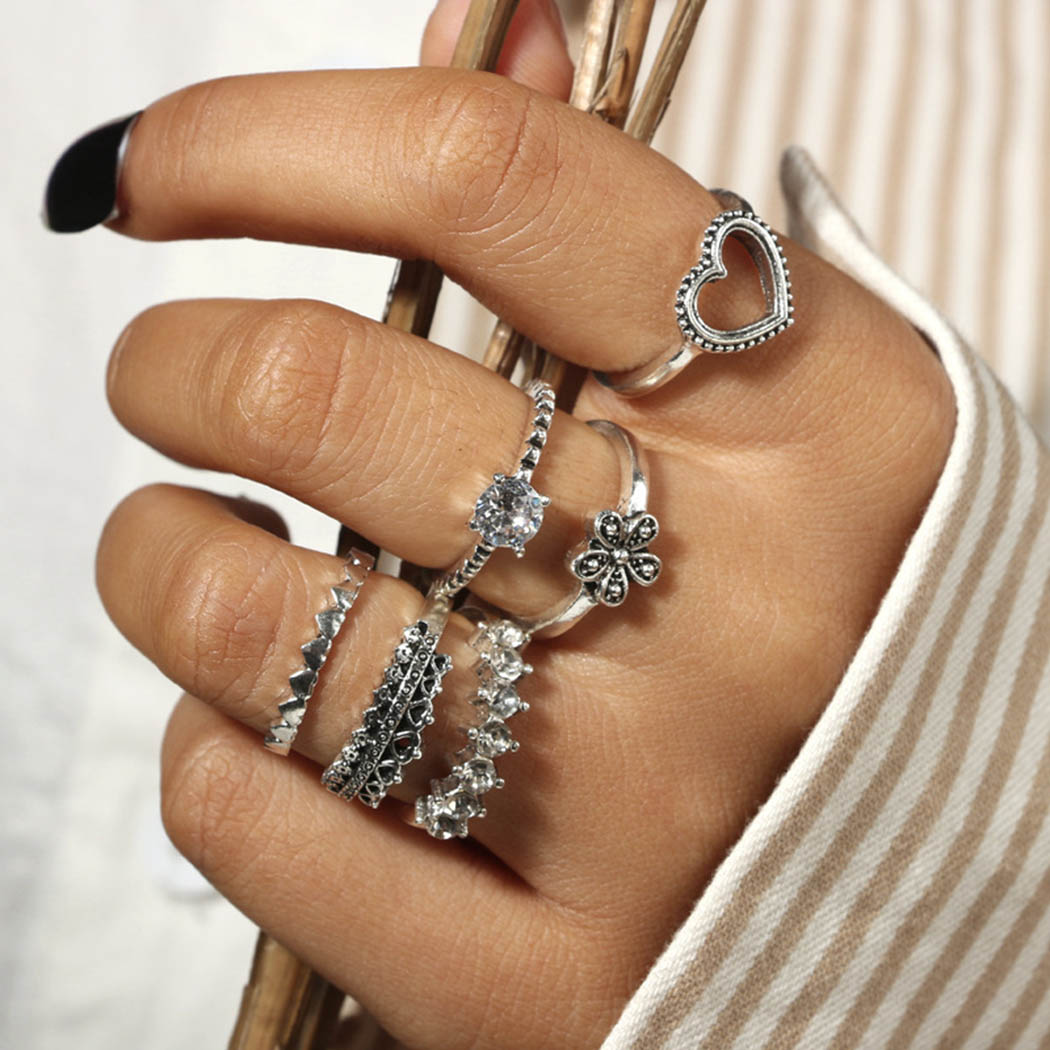 Boho Rings Silver Joint Knuckle Ring Set Crystal Hand Jewelry for Women ...