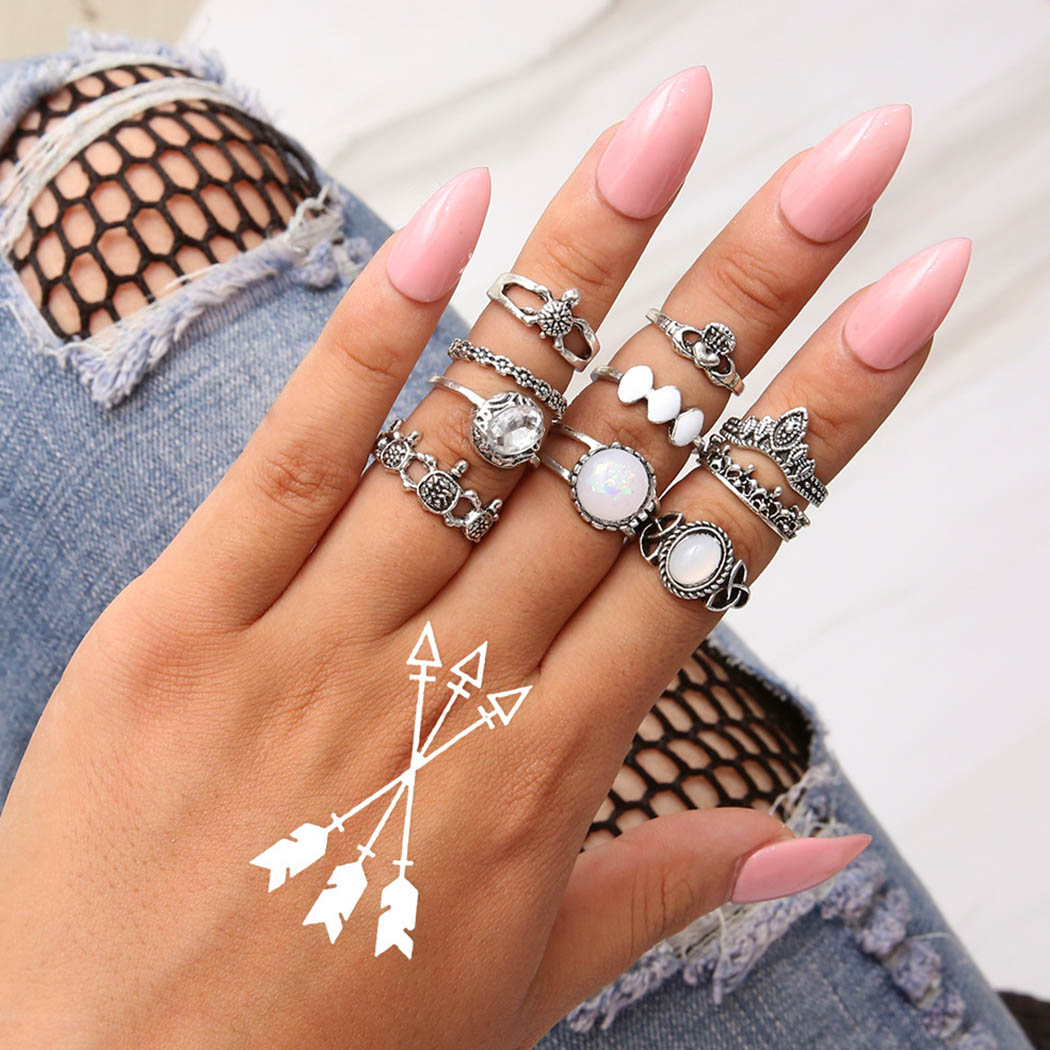 Vintage Rings Silver Joint Knuckle Ring Set Rhinestone Hand Jewelry for ...