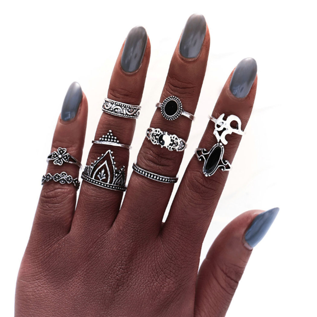 Vintage Rings Silver Joint Knuckle Ring Set Rhinestone Hand Jewelry for ...