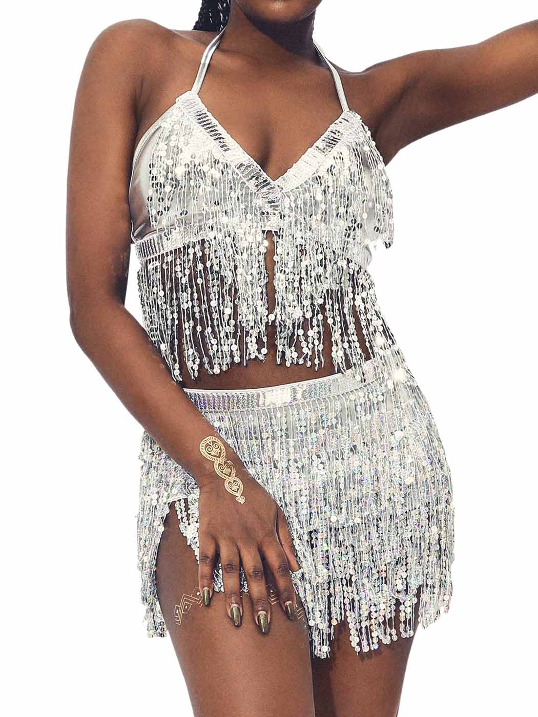 Victray Belly Dance Hip Skirt Sequins Fringe Skirt Party Outfits Rave Costume for Women